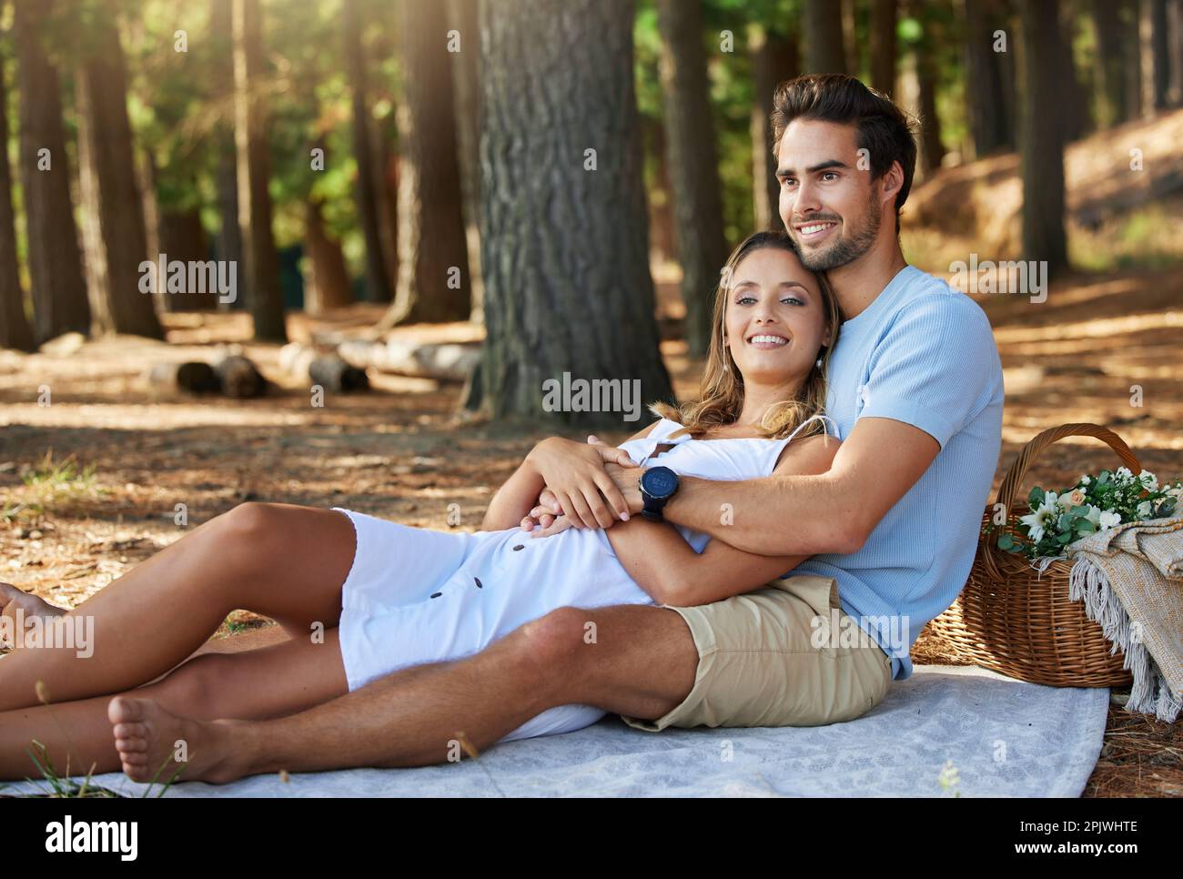 Couple in nature park, cuddle and happy relationship with love and ...