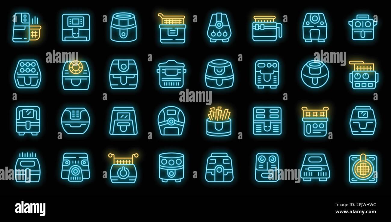 Air fryer icons set outline vector. Fry bakery. Cook food neon color on ...