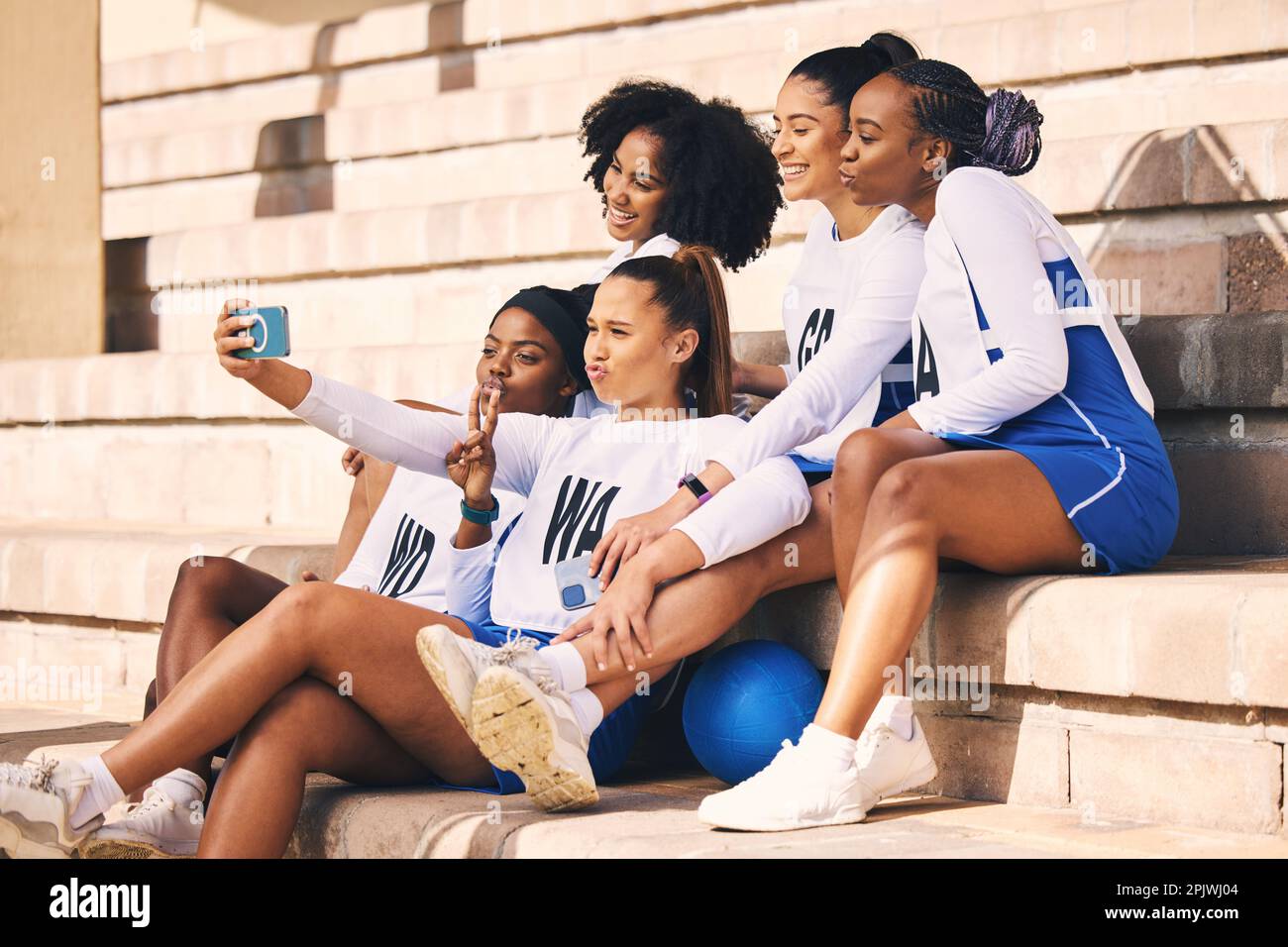 Sports, team or netball friends selfie for fitness, workout or training ...