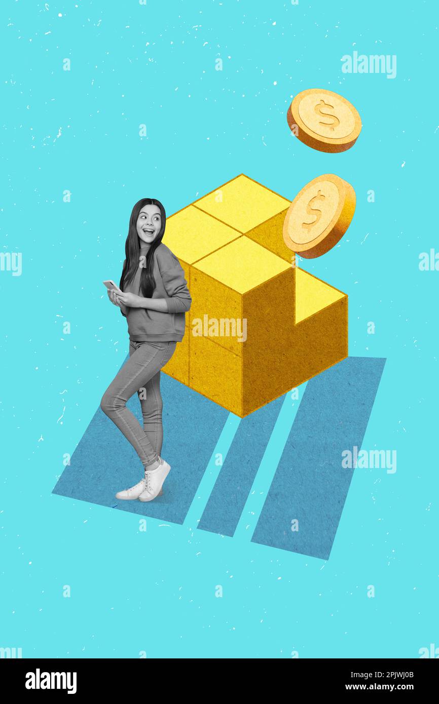 Vertical template collage photo of young teen girl hold smartphone ...