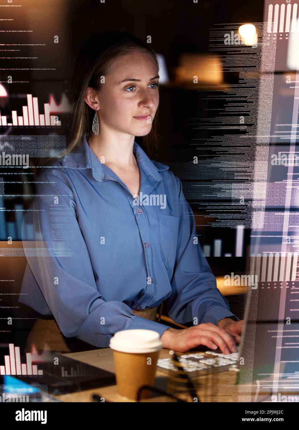 Woman typing, coding and data analytics hologram of dashboard at night ...