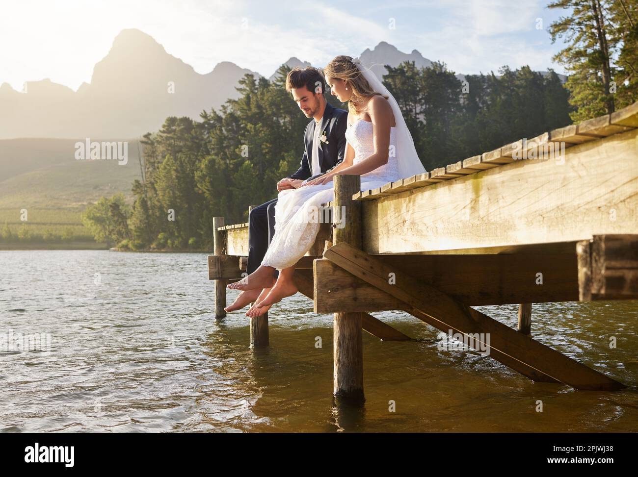 Wedding, lake and couple in nature for marriage ceremony, commitment ...
