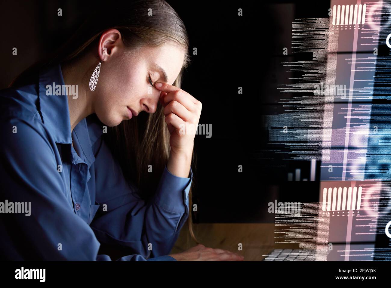 Woman, headache and tired, code and programmer, burnout and working night, stress migraine and ...