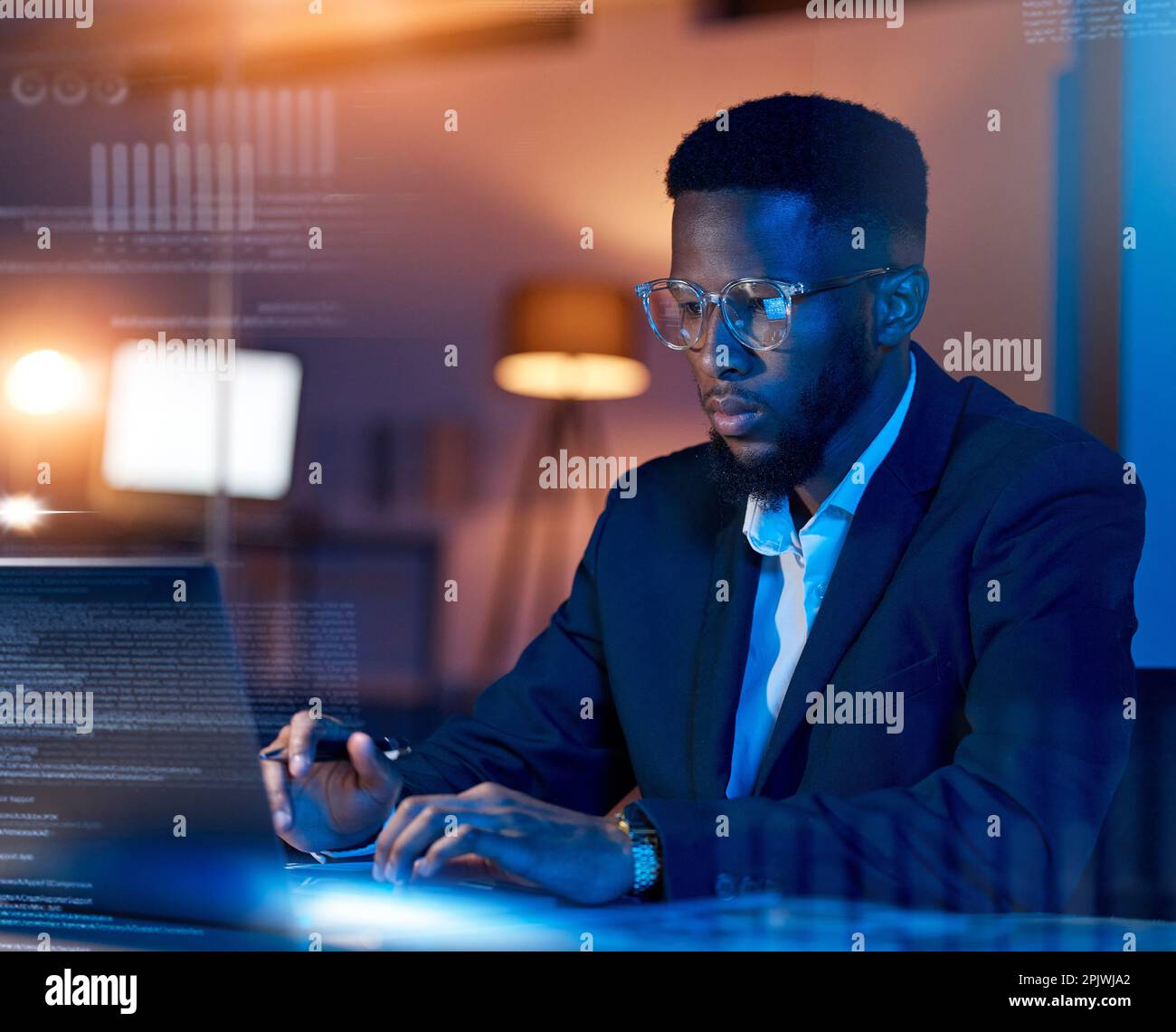 Black man in business, code with laptop and hologram, analytics and ...