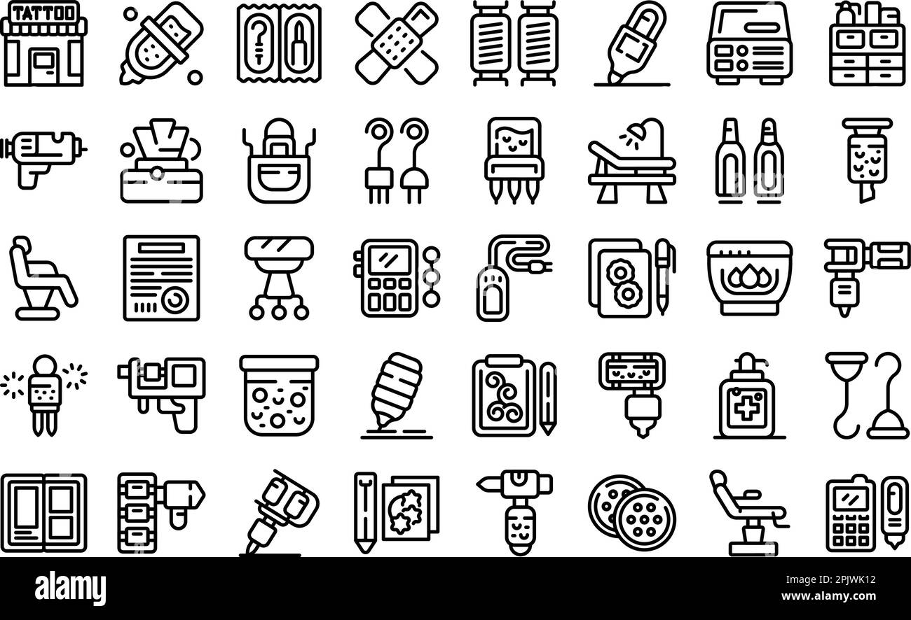 Tattoo equipment icons set outline vector. Machine needle. Studio tool ...