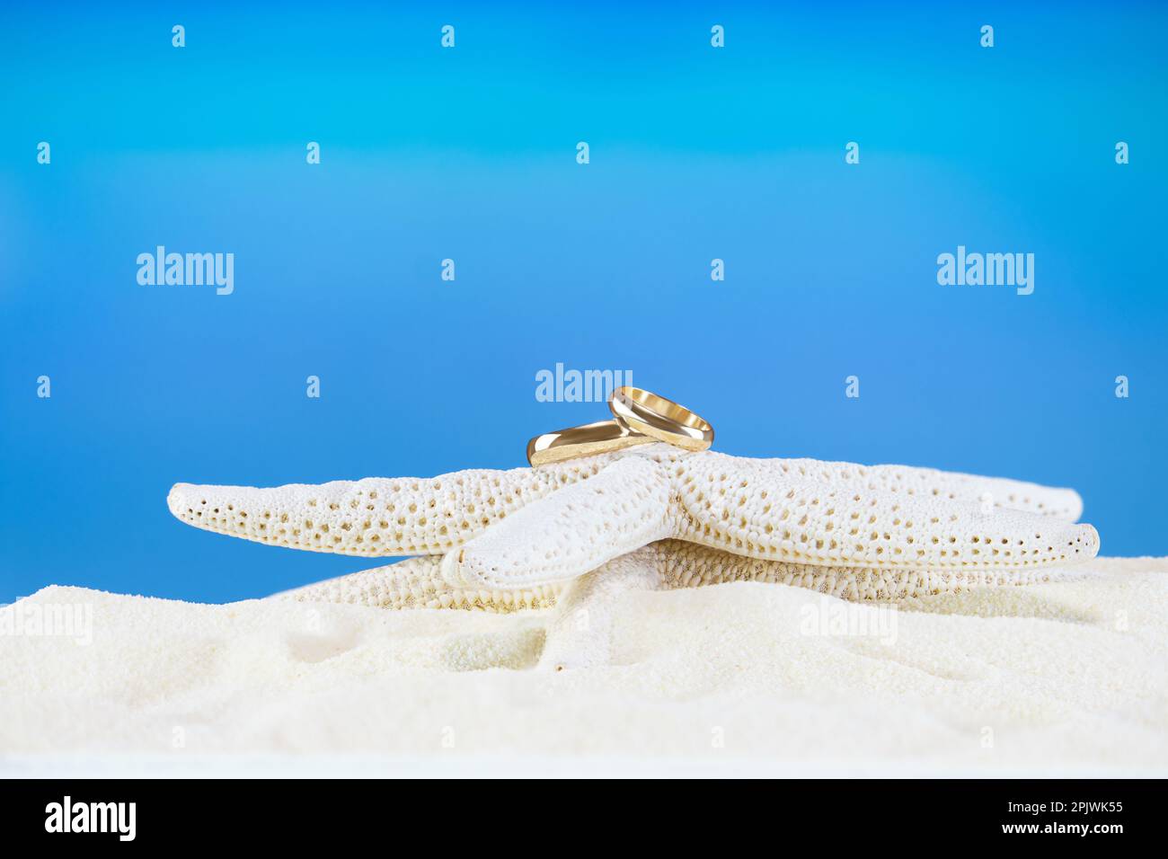 Wedding golden rings on white starfish on sandy beach. Marine decor ...