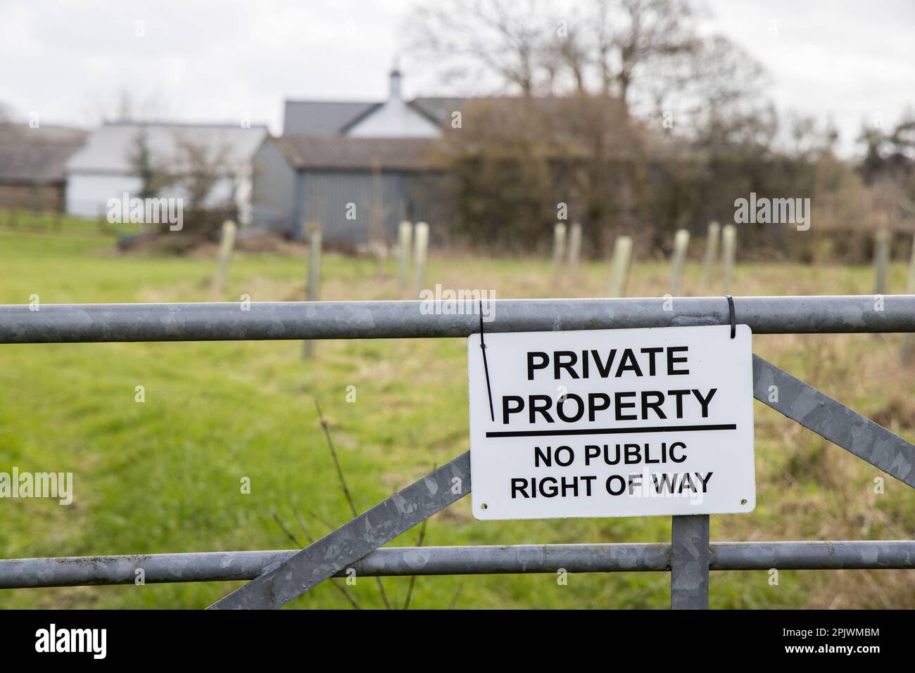 Private property, no right of way sign on farm gate, Tinkinswood, Wales ...