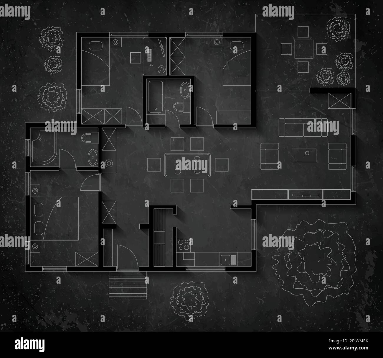 Floor plan of house, on blackboard background with shadows Stock Vector ...