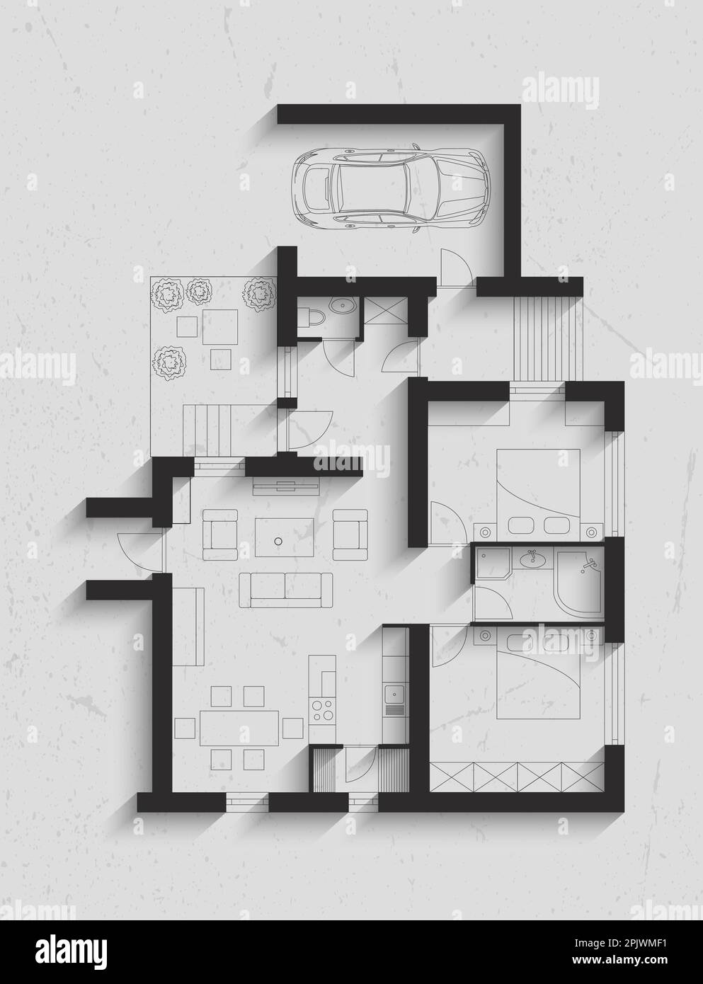 Floor plan of house, on paper background with shadows Stock Vector ...