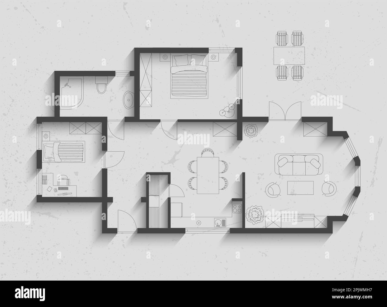 Floor plan of house, on paper background with shadows Stock Vector ...