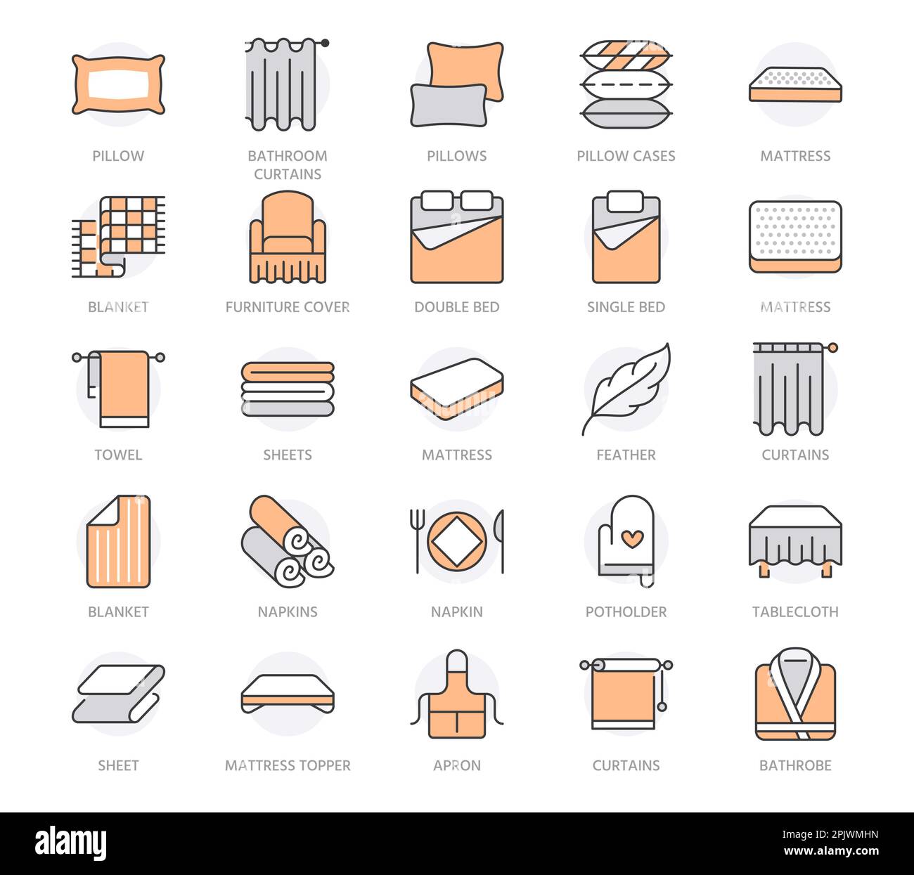 Bedding flat line icons. Orthopedics mattresses, bedroom linen, pillows ...