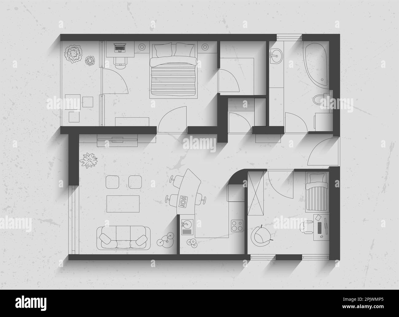 Floor plan of house, on paper background with shadows Stock Vector ...