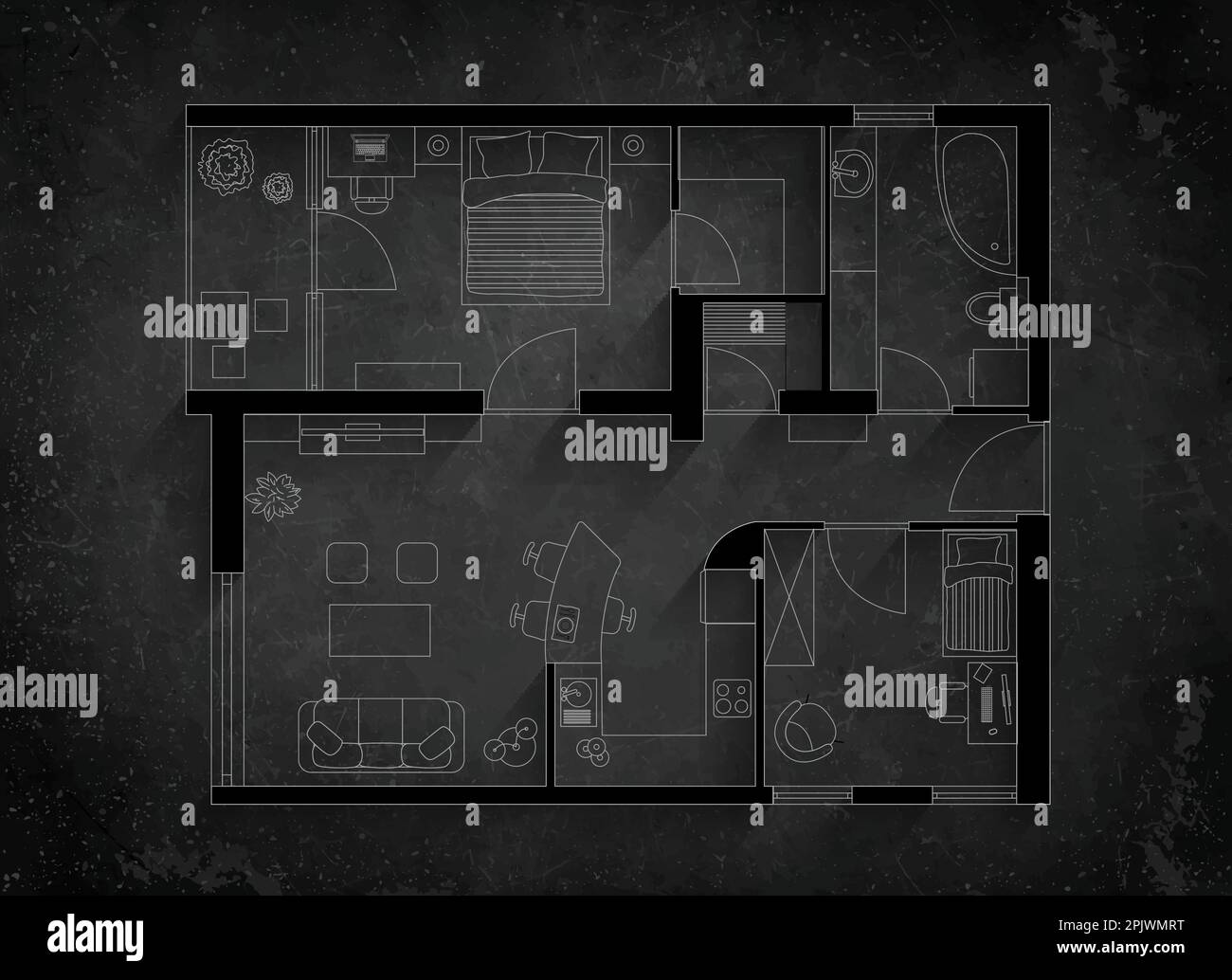 Floor plan of house, on blackboard background with shadows Stock Vector ...
