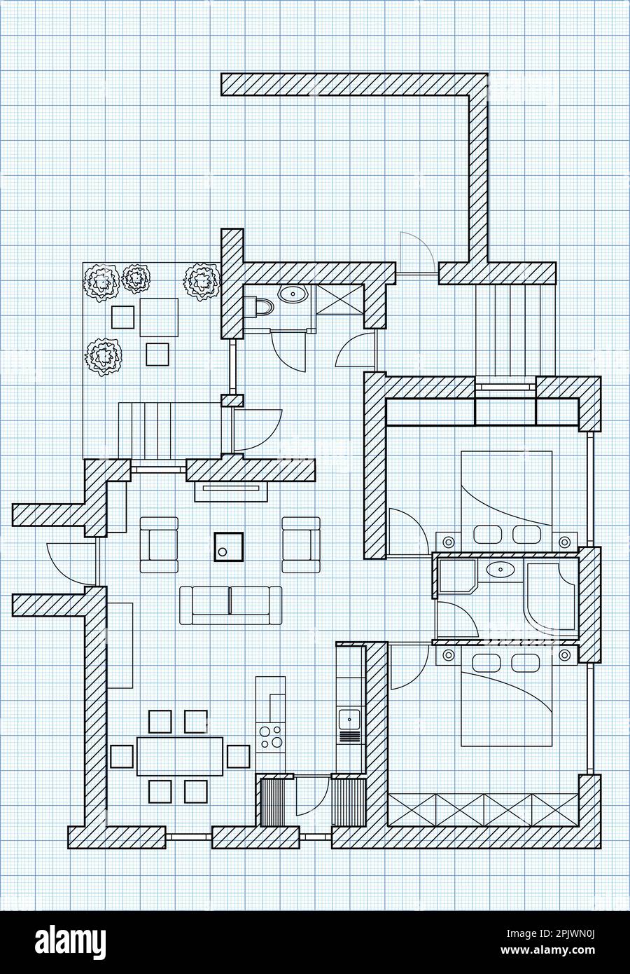 Black and White floor plan sketch of a house on millimeter paper Stock ...