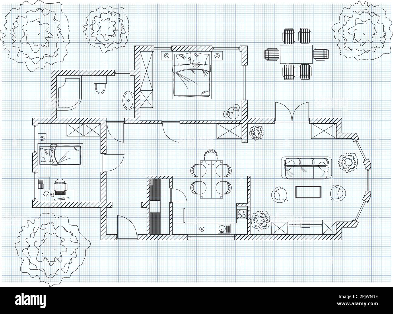 Black and White floor plan sketch of a house on millimeter paper Stock ...