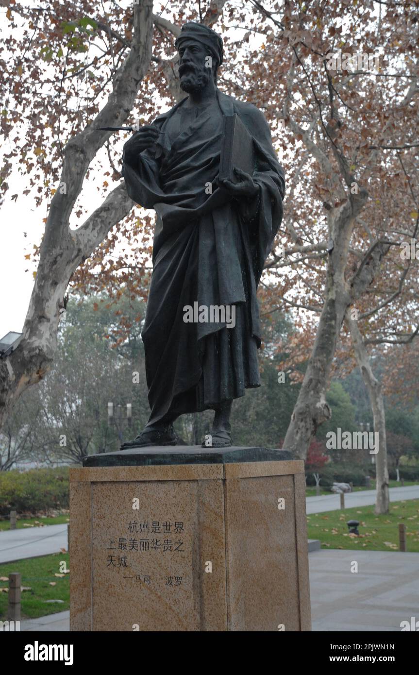 Statue of Marco Polo in the lakeside gardens. Zhejiang, Hangzhou, China ...