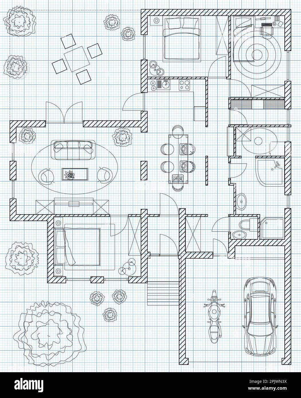 Black and White floor plan sketch of a house on millimeter paper Stock ...