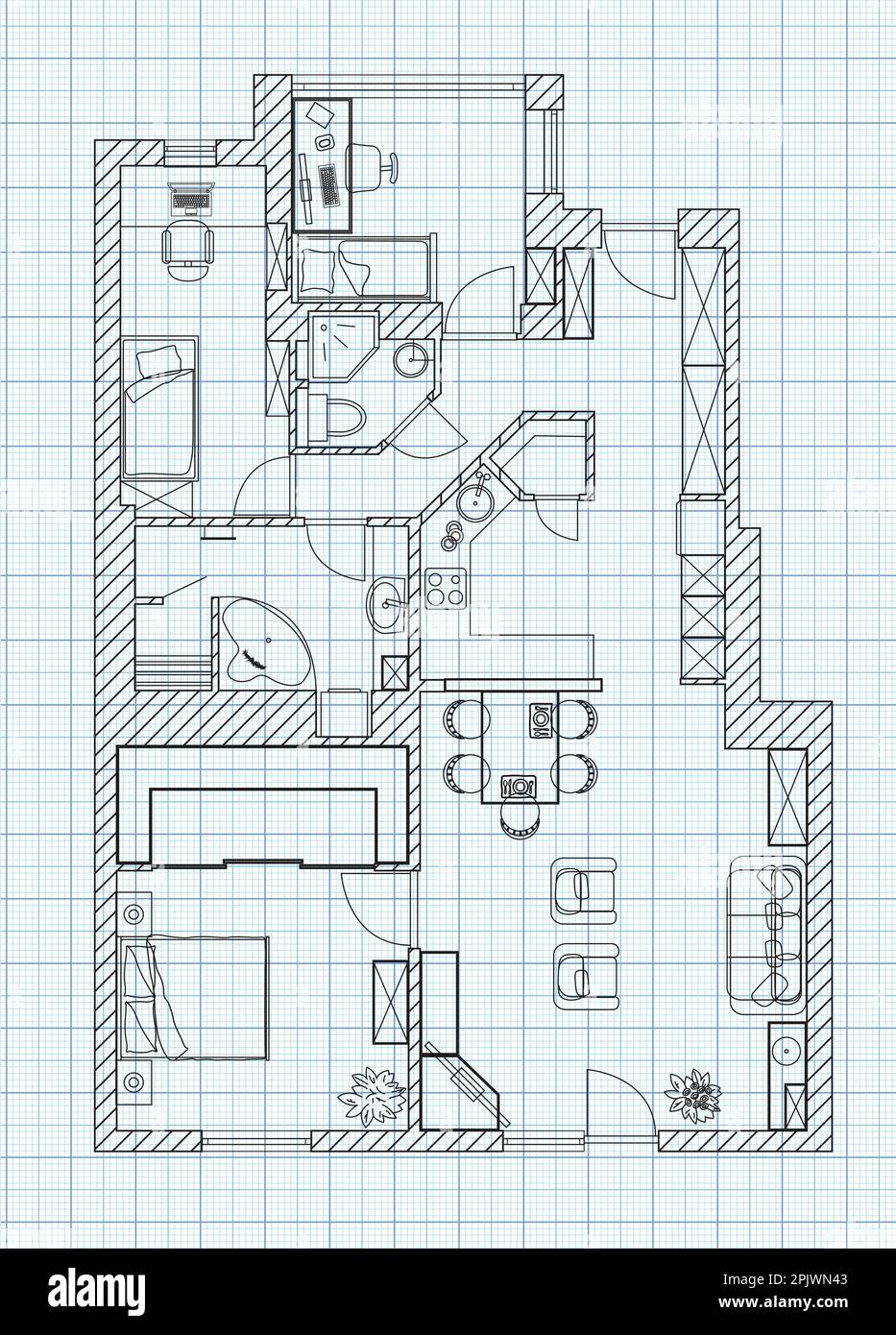 Black and White floor plan sketch of a house on millimeter paper Stock ...