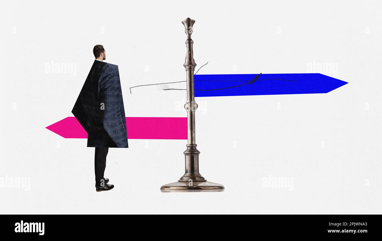 Make decision, choose strategy. Disproportionate art collage with man ...