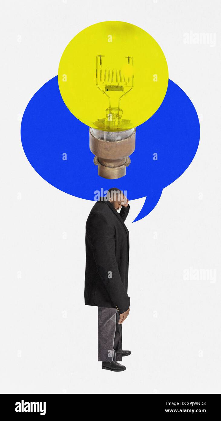 Art collage with pensive man wearing business clothes standing under ...