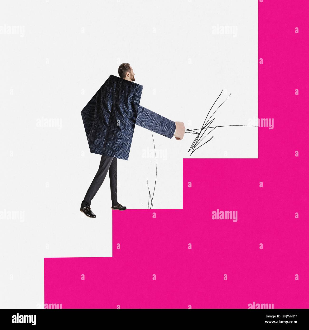Way to success. Art collage with businessman wearing suit climbing the ...
