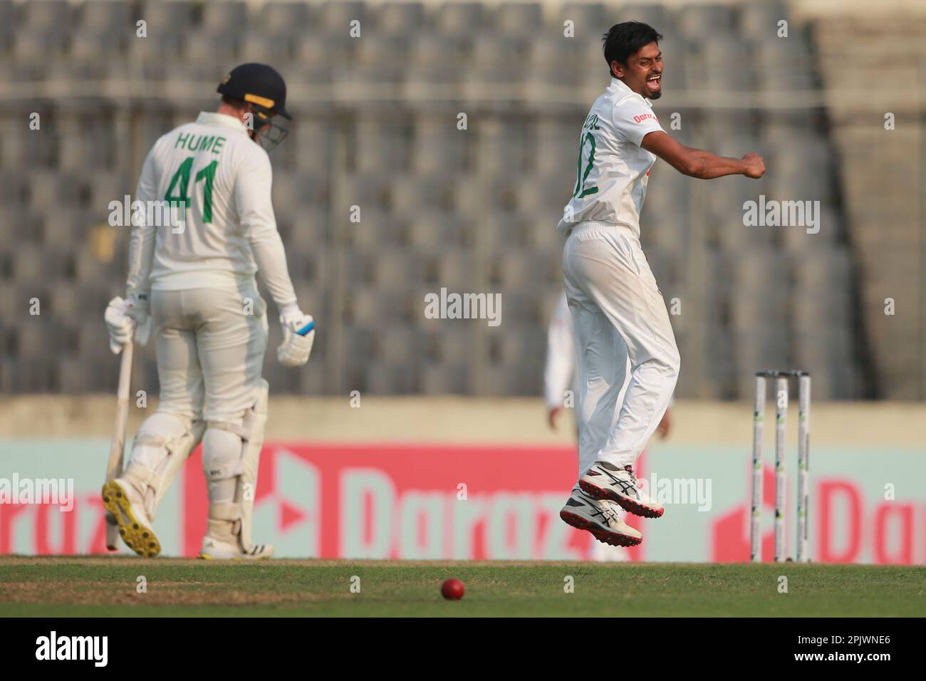 Bangladeshi spin bowler Taijul Islam celebrates one of his five wickets ...