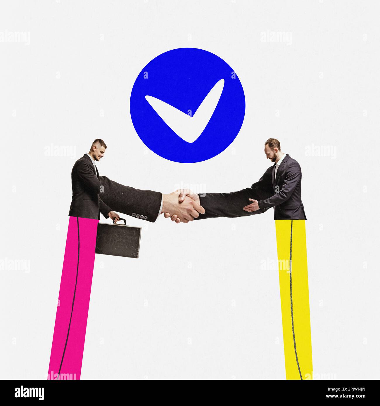 Make a deal, contract with partner. Art collage with two men wearing ...