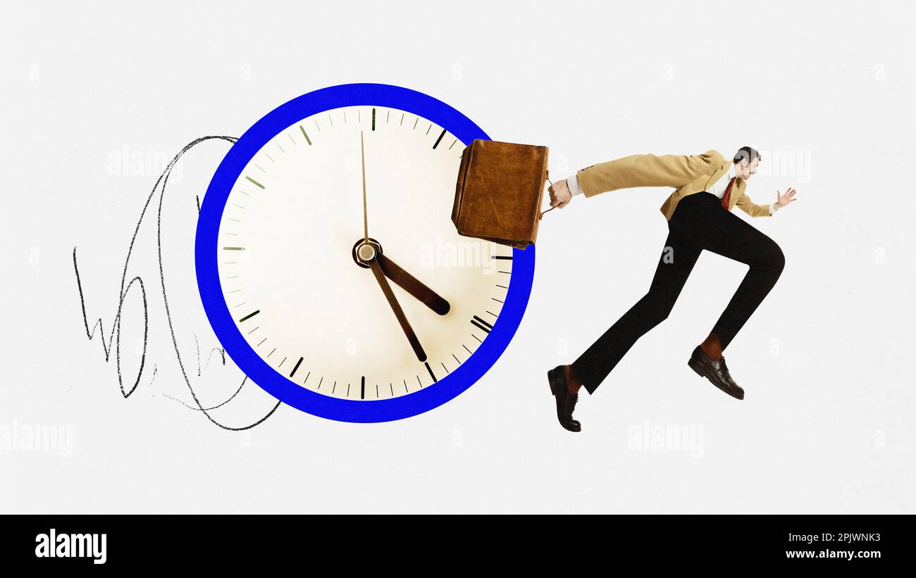 Deadlines, rush, pressure. Contemporary art collage with man, worker ...