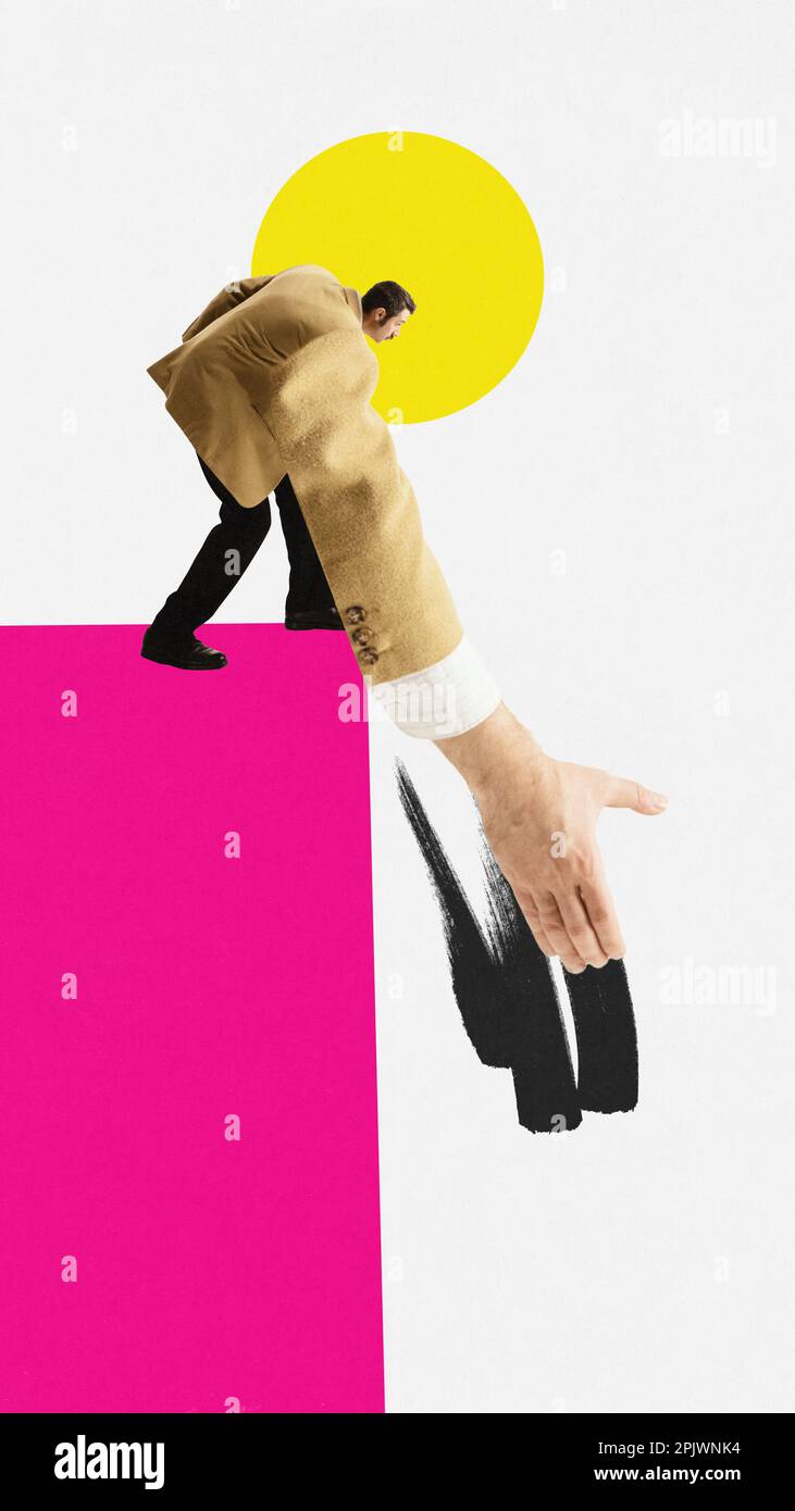 Give helping hand. Art collage with businessman, worker giving hand to ...