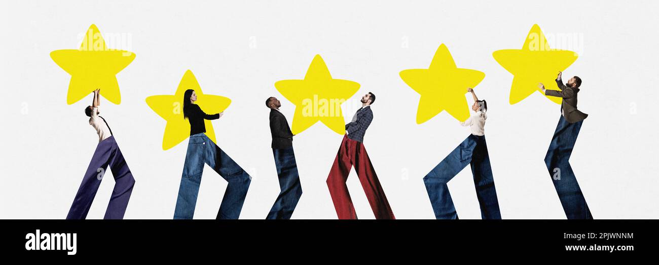 Contemporary art collage of team holding stars overhead symbolizing ...