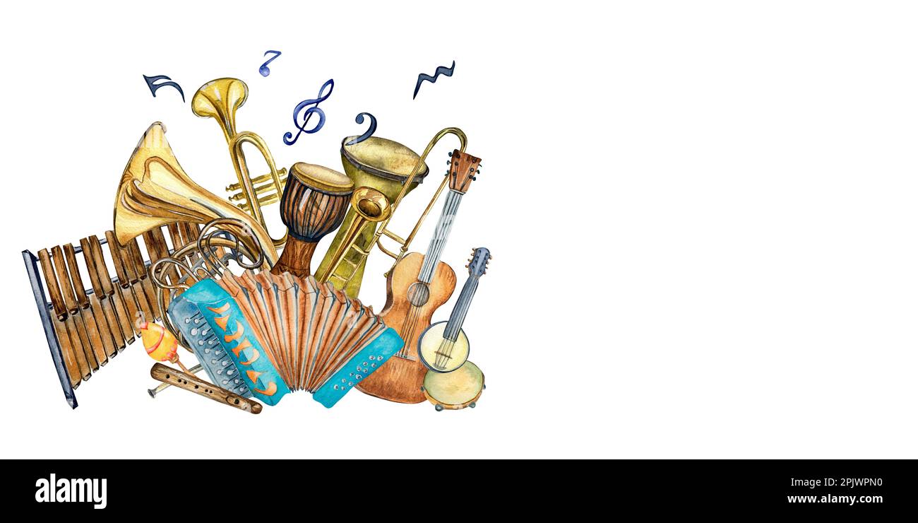 Composition of jazz musical instruments and symbol watercolor ...