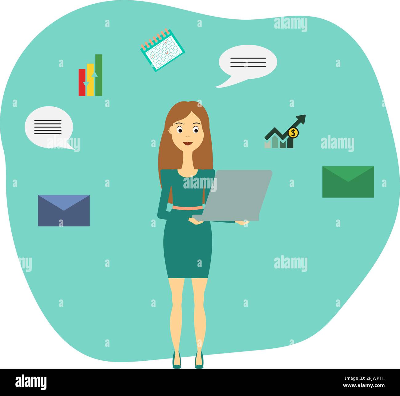 Young Woman in Green Standing with Laptop in Hands. Mail, Email ...