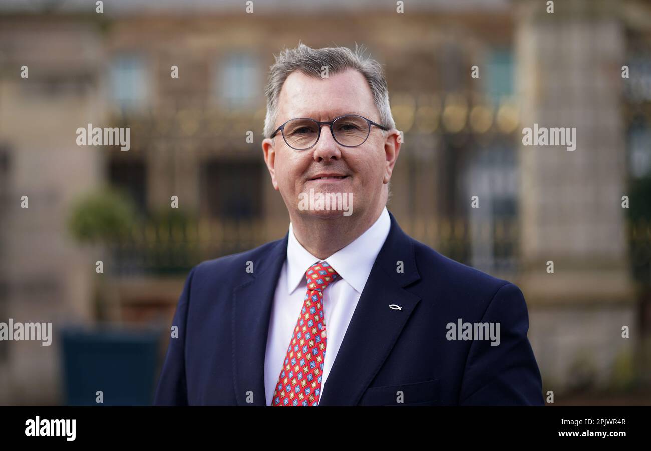 DUP leader Sir Jeffrey Donaldson photographed at the gates of ...