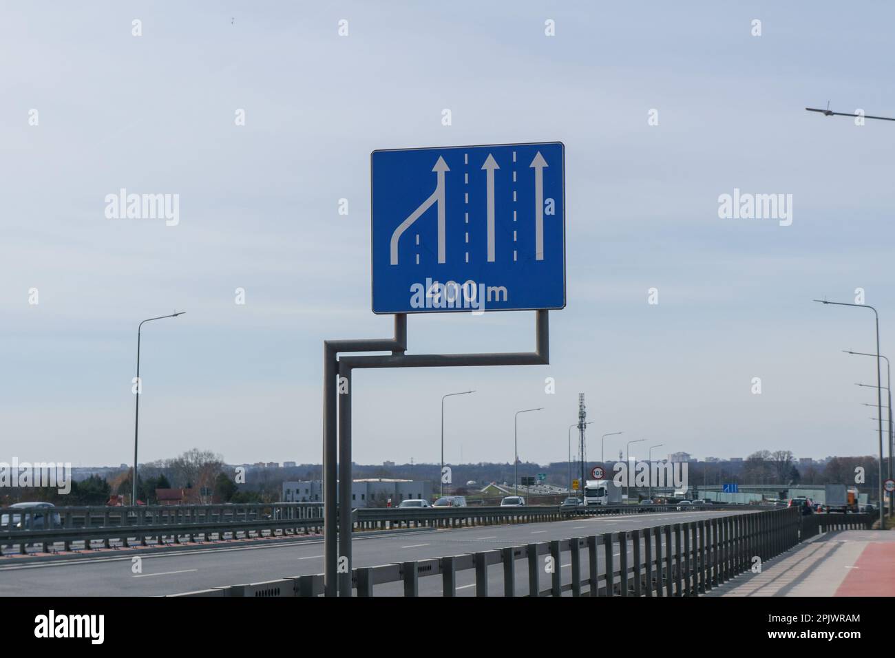 road signs and cars on a street - South Bridge, Warsaw, Poland Stock ...