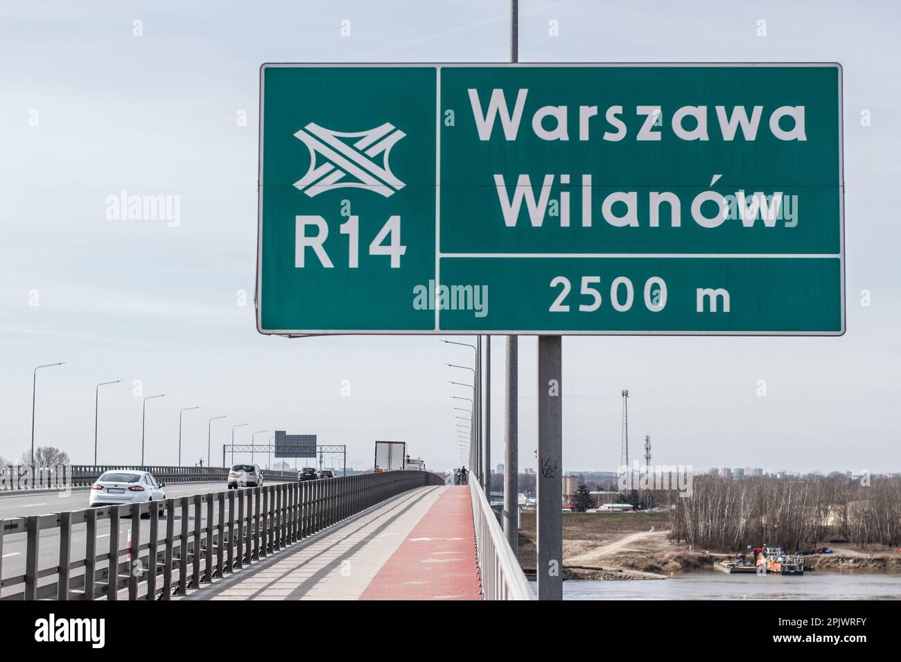 road signs and cars on a street - South Bridge, Warsaw, Poland Stock ...