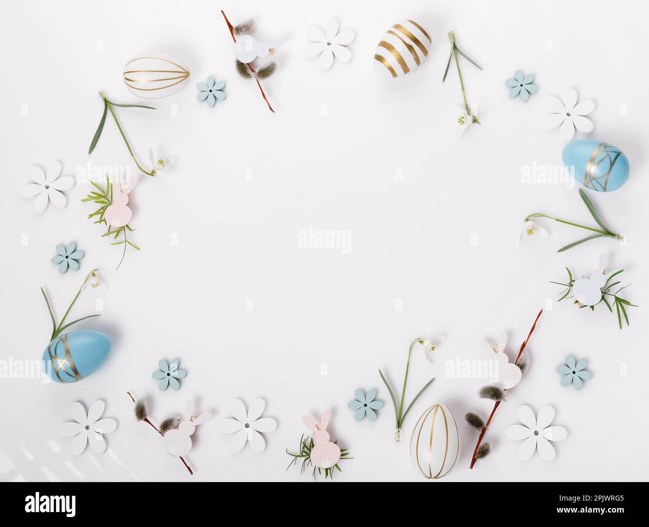 Festive Easter border, frame from easter eggs and spring flower crocus ...