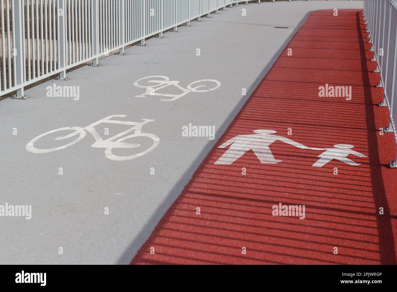 bicycle path and walking pavement on South Bridge in Warsaw, Poland ...