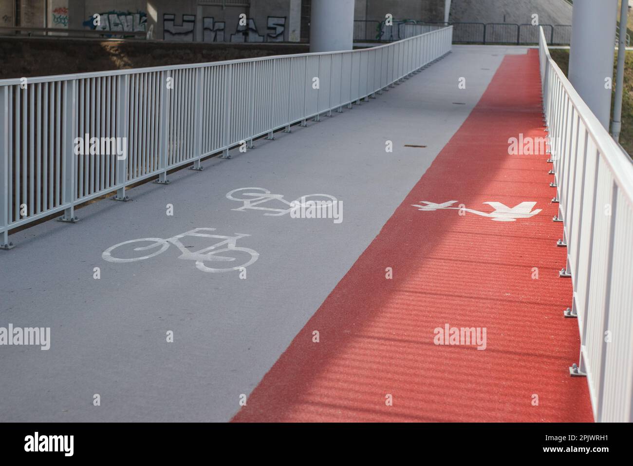 bicycle path and walking pavement on South Bridge in Warsaw, Poland ...