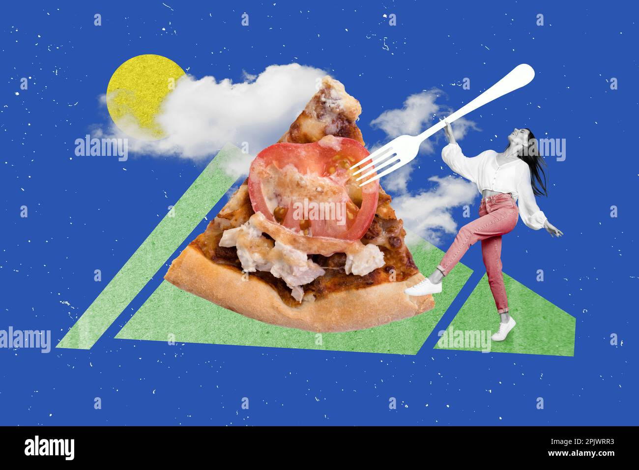 Photo creative figurative collage of young hungry lady hold fork eating ...