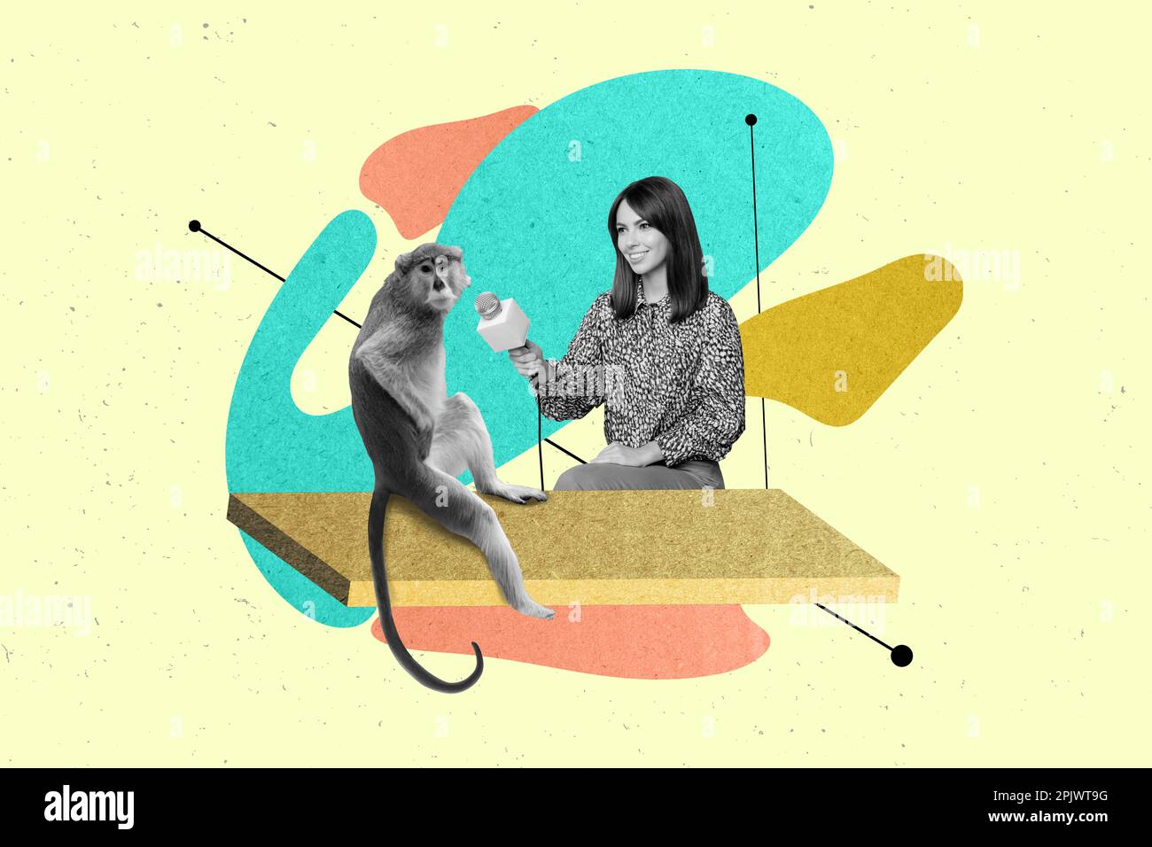 Composite collage picture of black white colors girl reporter ...