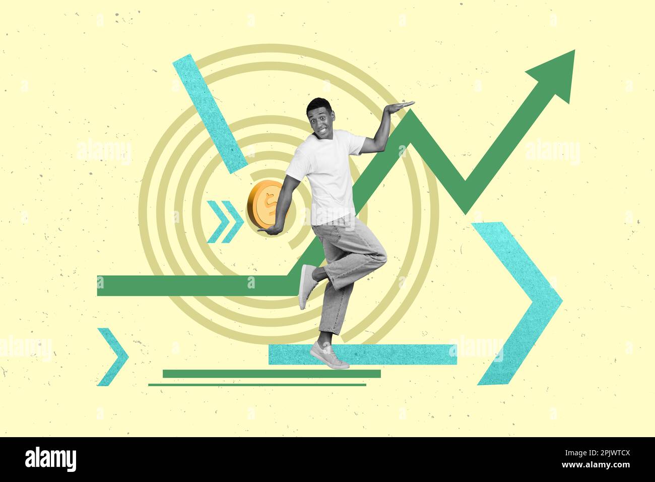 Creative collage portrait of mini black white colors guy dancing hand ...