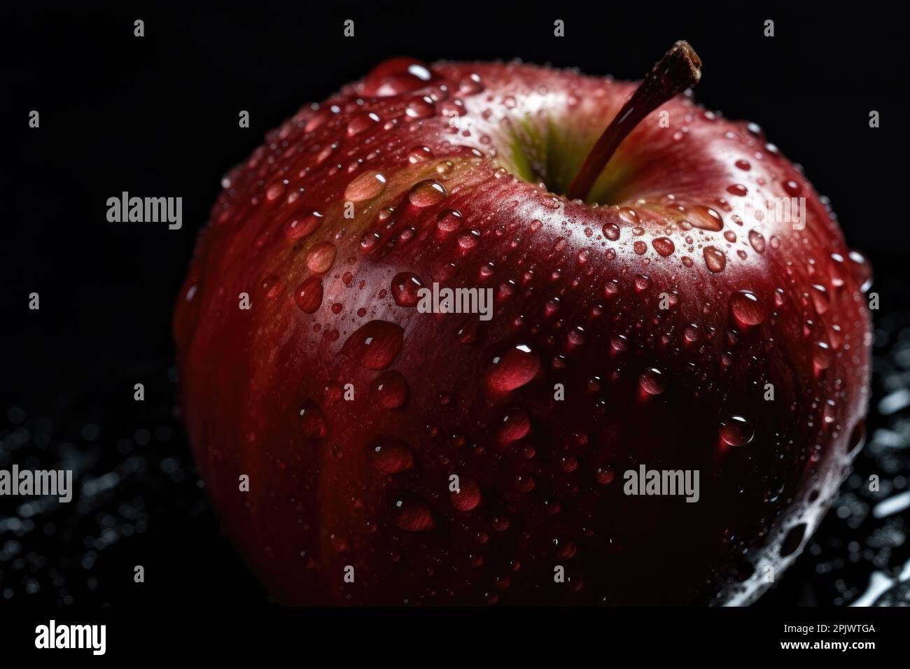 A ripe red apple covered with waterdrops against a dark background ...