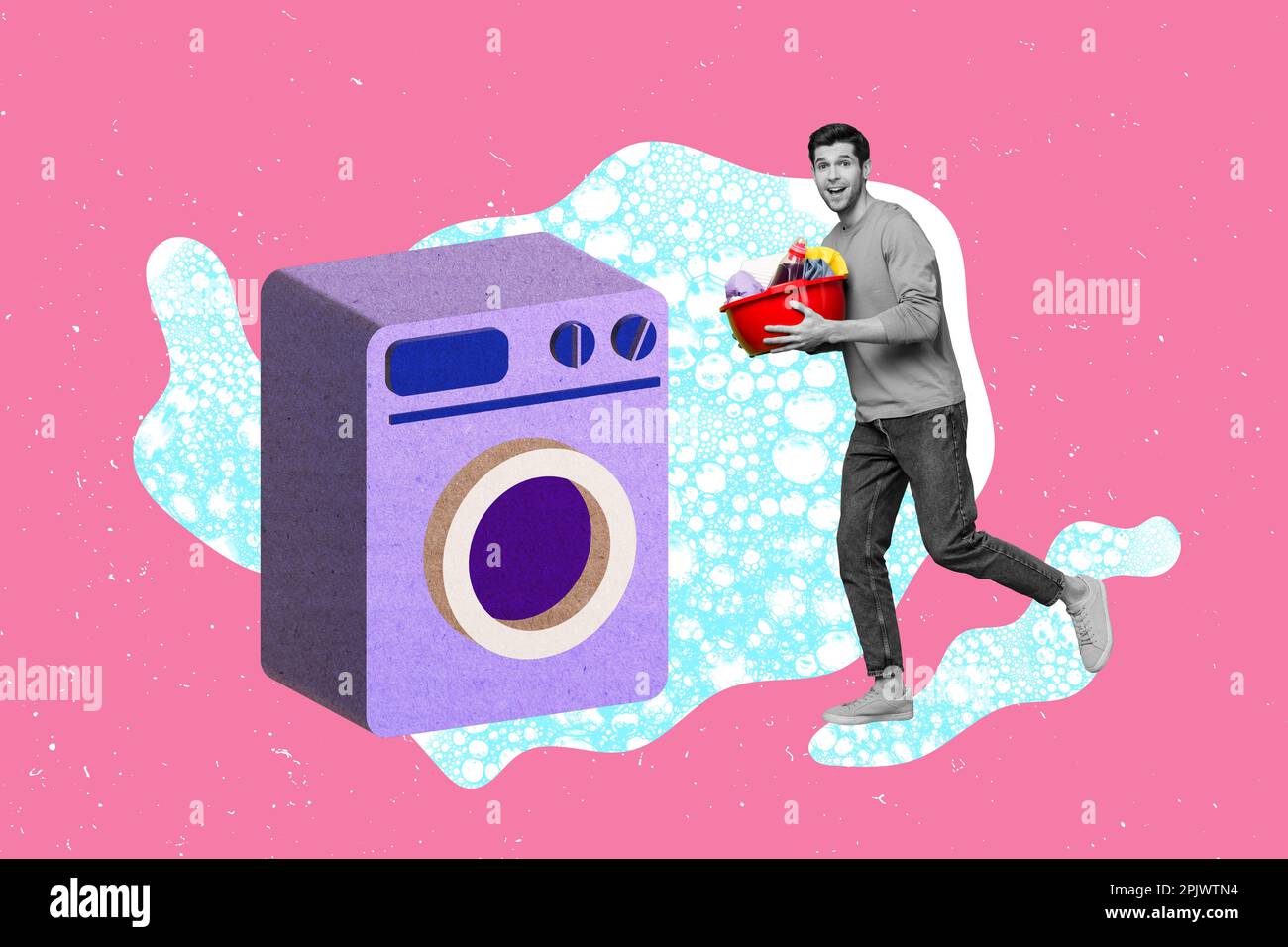 Creative figurative ad collage photo of young guy hold bowl clothes ...