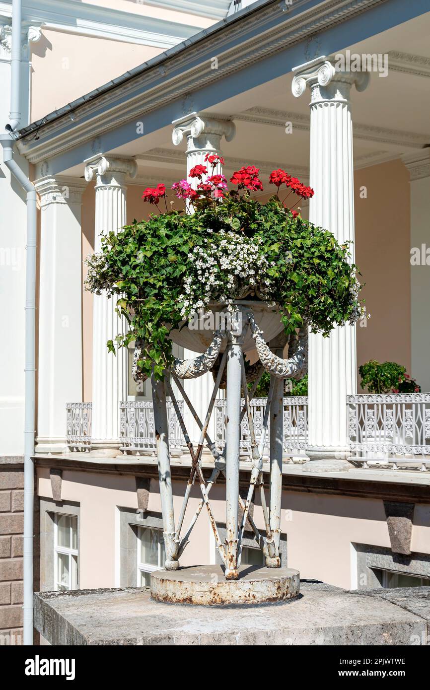 Decorative outdoor vase with red geraniums on a high stand Stock Photo ...