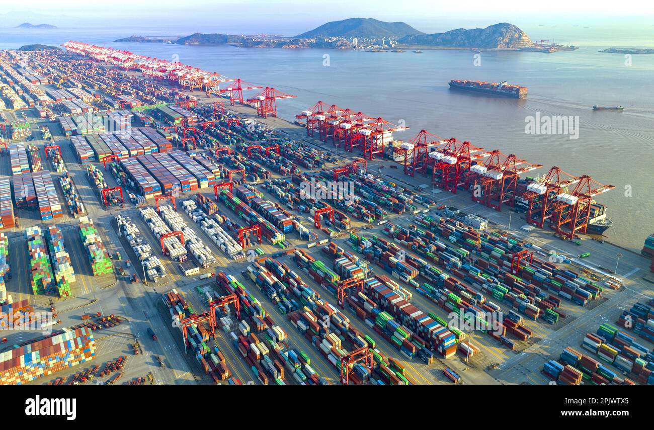 Aerial photo shows large container vessels berthing at Yangshan Deep ...