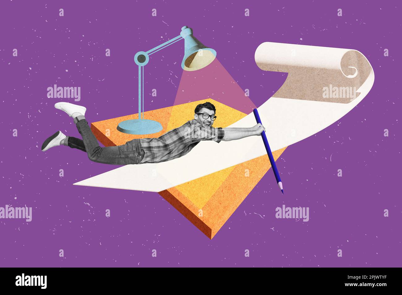 Collage of young creative poetry handwriter guy enjoy his new paper ...