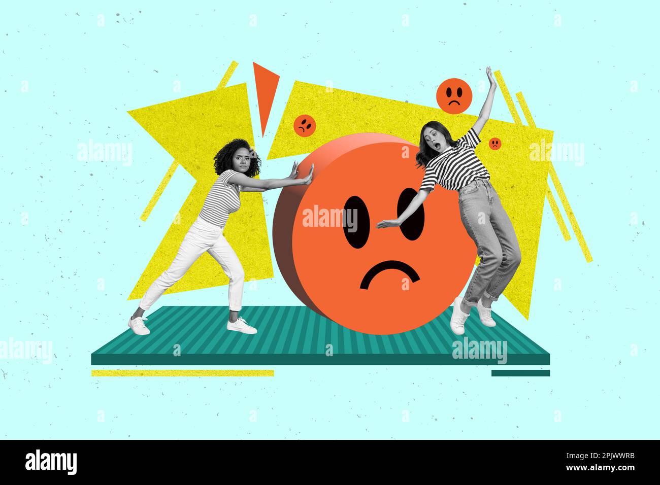 Photo sketch composite collage of young girl pushing huge sad emoji ...