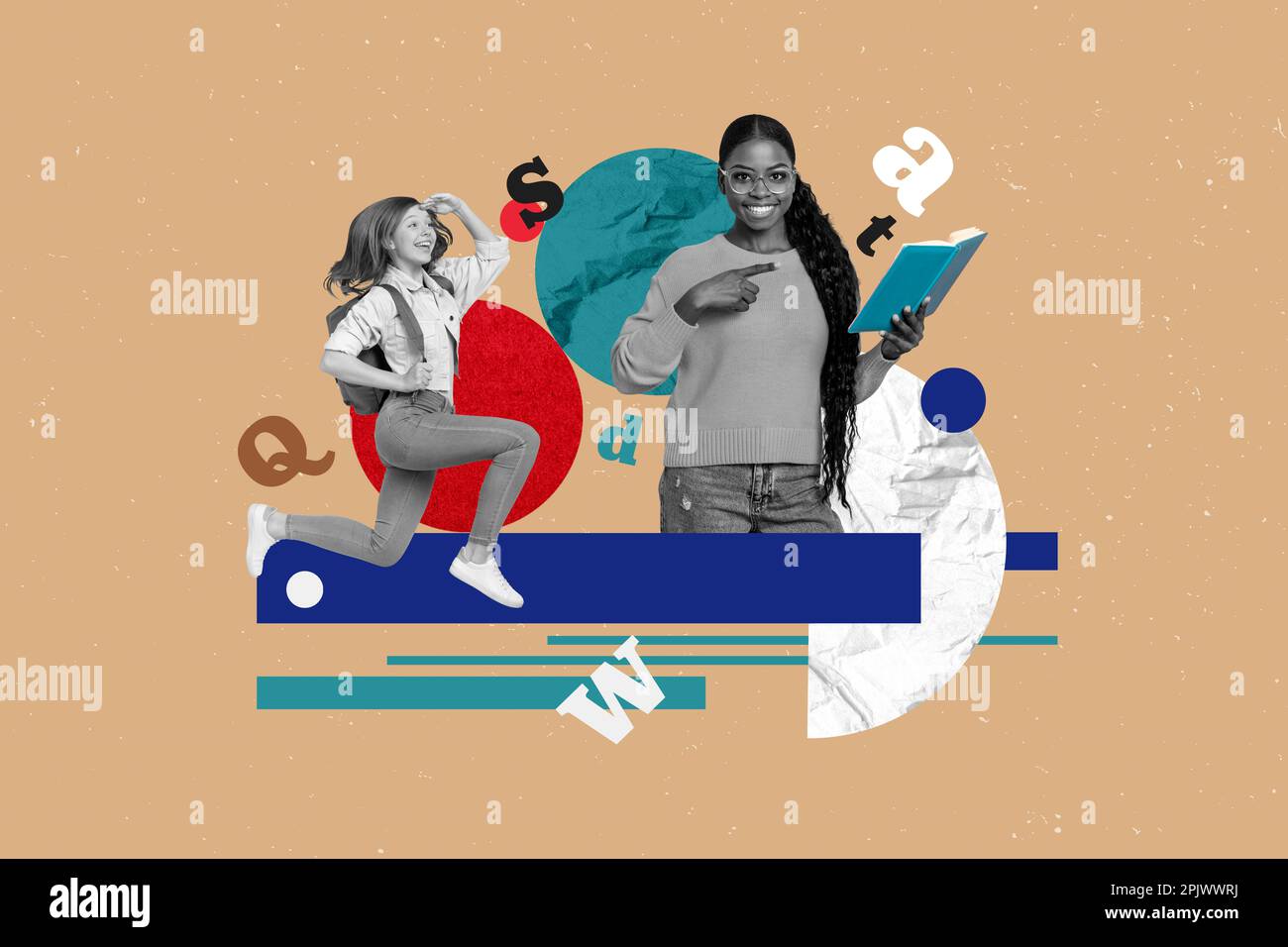 Composite picture school education collage of young girl running ...