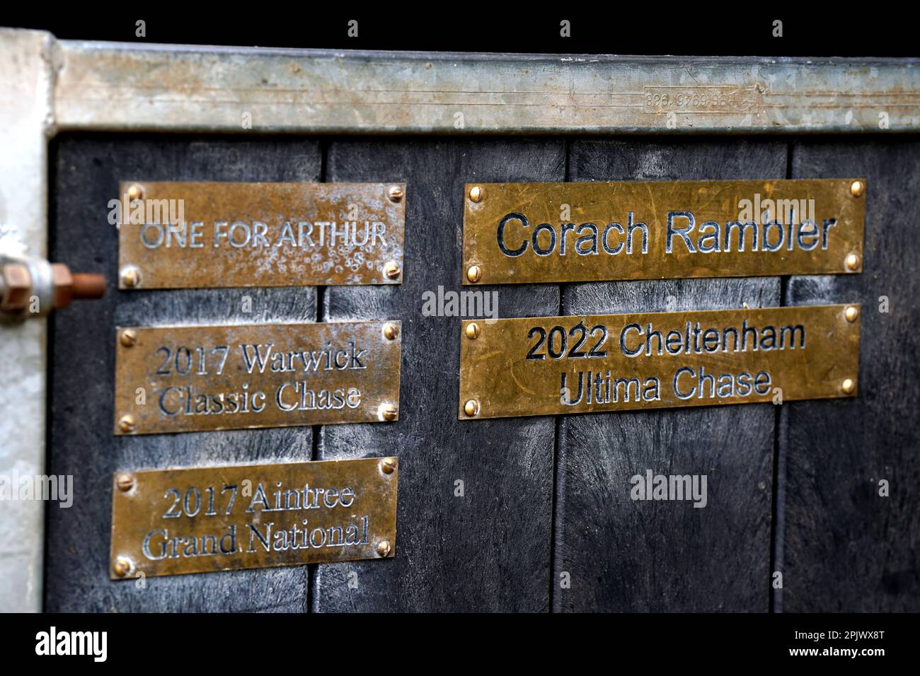 The name plates of One for Arthur and Corach Rambler adorn a stable ...