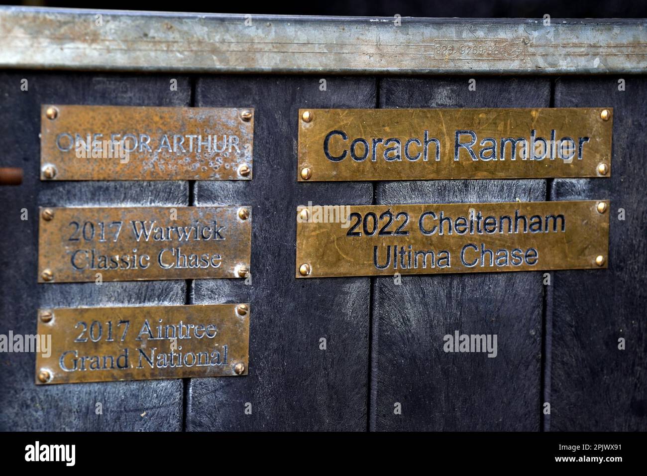 The name plates of One for Arthur and Corach Rambler adorn a stable ...